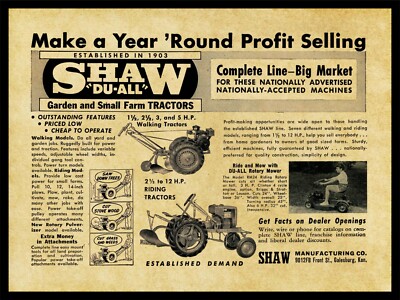 1956 Shaw Mfg. NEW Metal Sign: Shaw Do All Garden Tractors - Galesburg ...