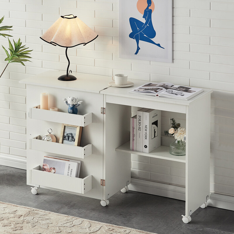Folding Sewing Table, 2-in-1 Rolling Craft Table with Storage Shelves ...