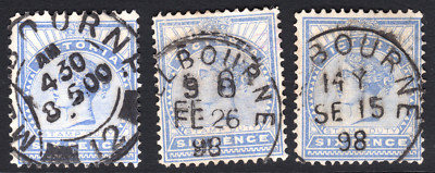 1886 Series VIC Victoria QV 6d Blue Stamp Duty Used MELBOURNE CDS x 3 ...