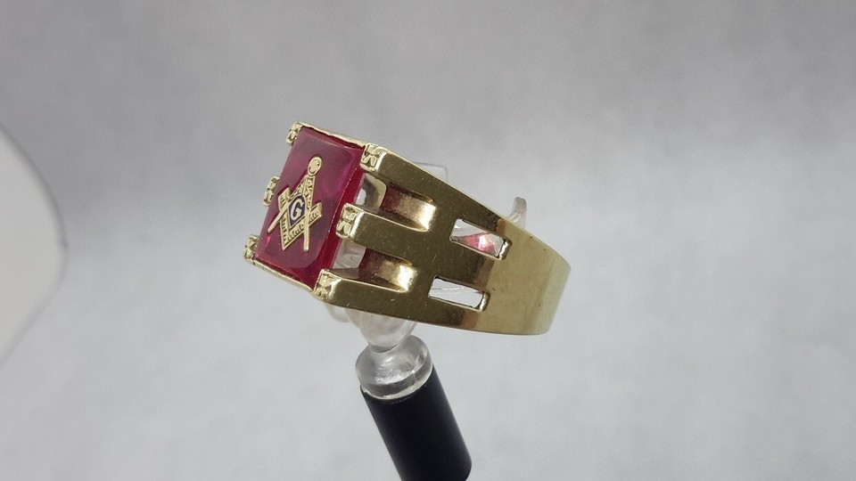 10k Masonic Mason Men's Ring with Synthetic Ruby. Art Deco Style. DASON ...