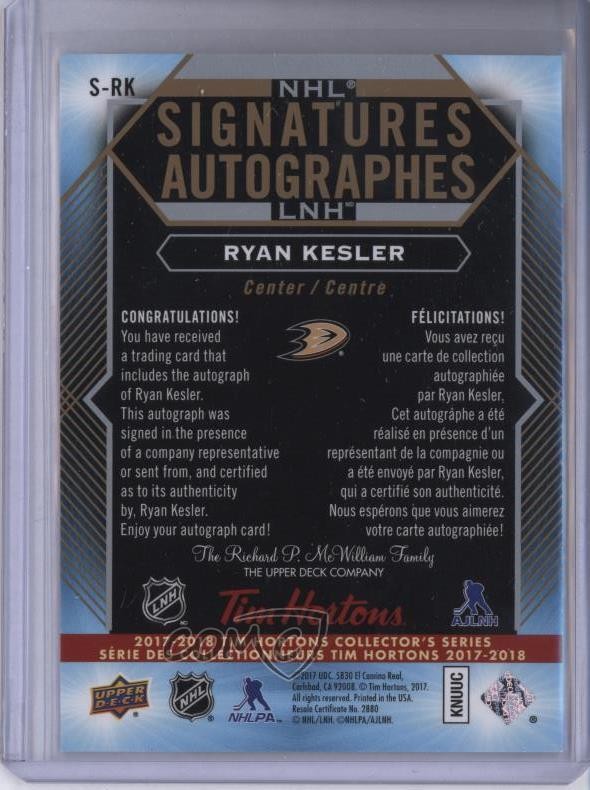 2017 Upper Deck Tim Hortons Collector's Series NHL Signatures Ryan ...