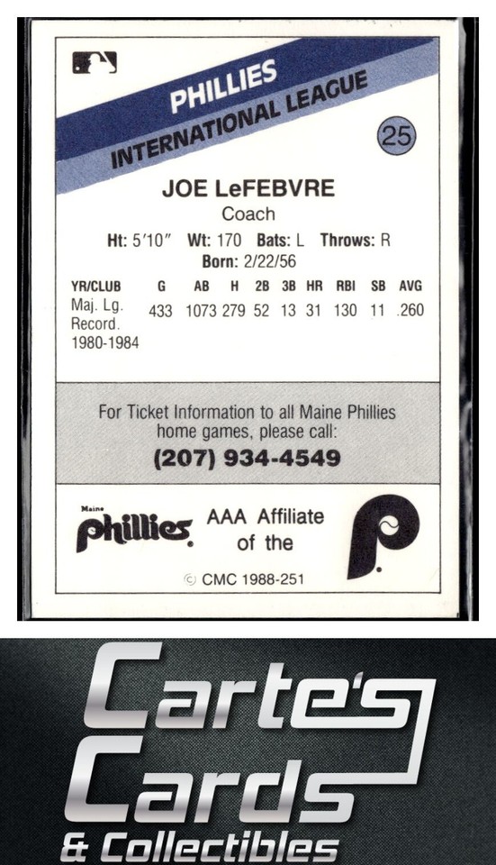 Joe Lefebvre 1988 CMC Maine Phillies #25 Philadelphia Phillies Coach | eBay