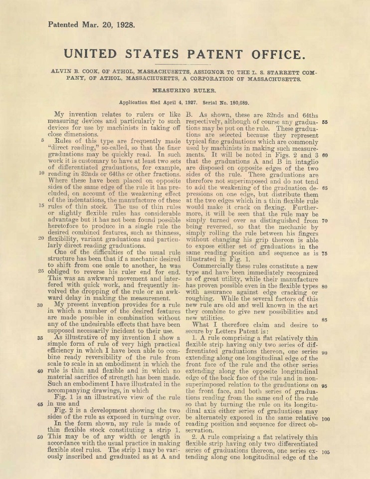 Starrett Measuring Ruler Scale Patent Print- Vintage Antique Engineer ...