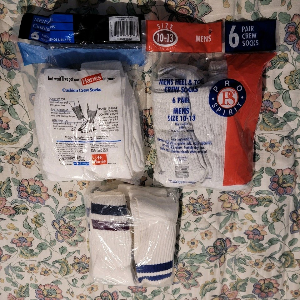 3x 90s Vtg 6-Pack Over Calf Athletic Crew Socks 10-13 Hanes STRETCH Pro ...