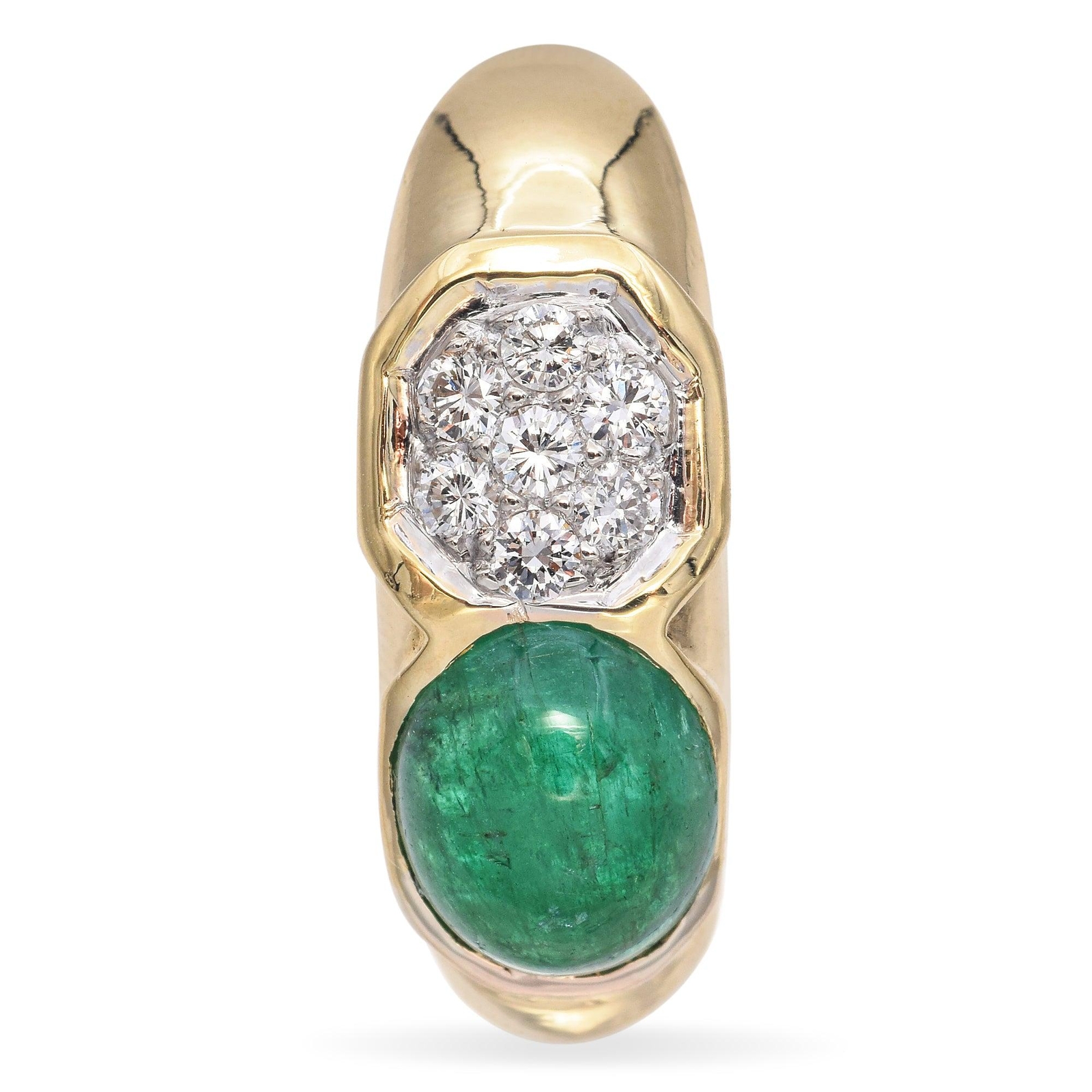 17K Yellow Gold 2.92 Ct. Emerald Cabochon and Diamond… - Gem