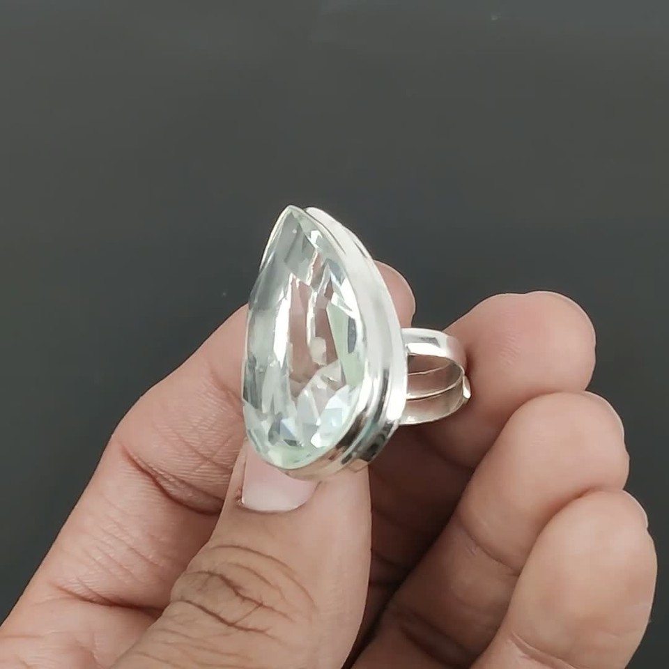 Faceted White Topaz Pear Shape Gemstone Jewelry Adjustable Handmade ...