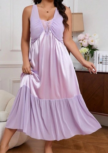 Gorgeous Sweeping Long Purple Satin & Chiffon Mesh Nightdress Nightgown ...