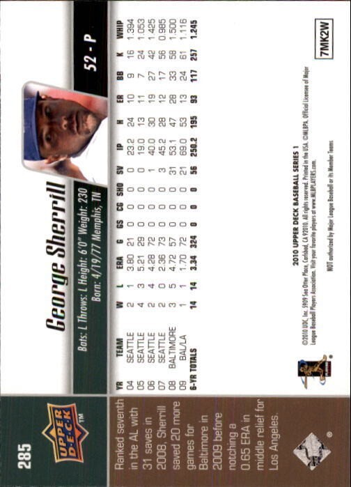 2010 Upper Deck Los Angeles Dodgers Baseball Card #285 George Sherrill ...