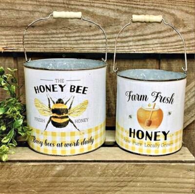 New SET 2 BEE FARM FRESH HONEY BUCKET Metal Basket Pot Containers | eBay