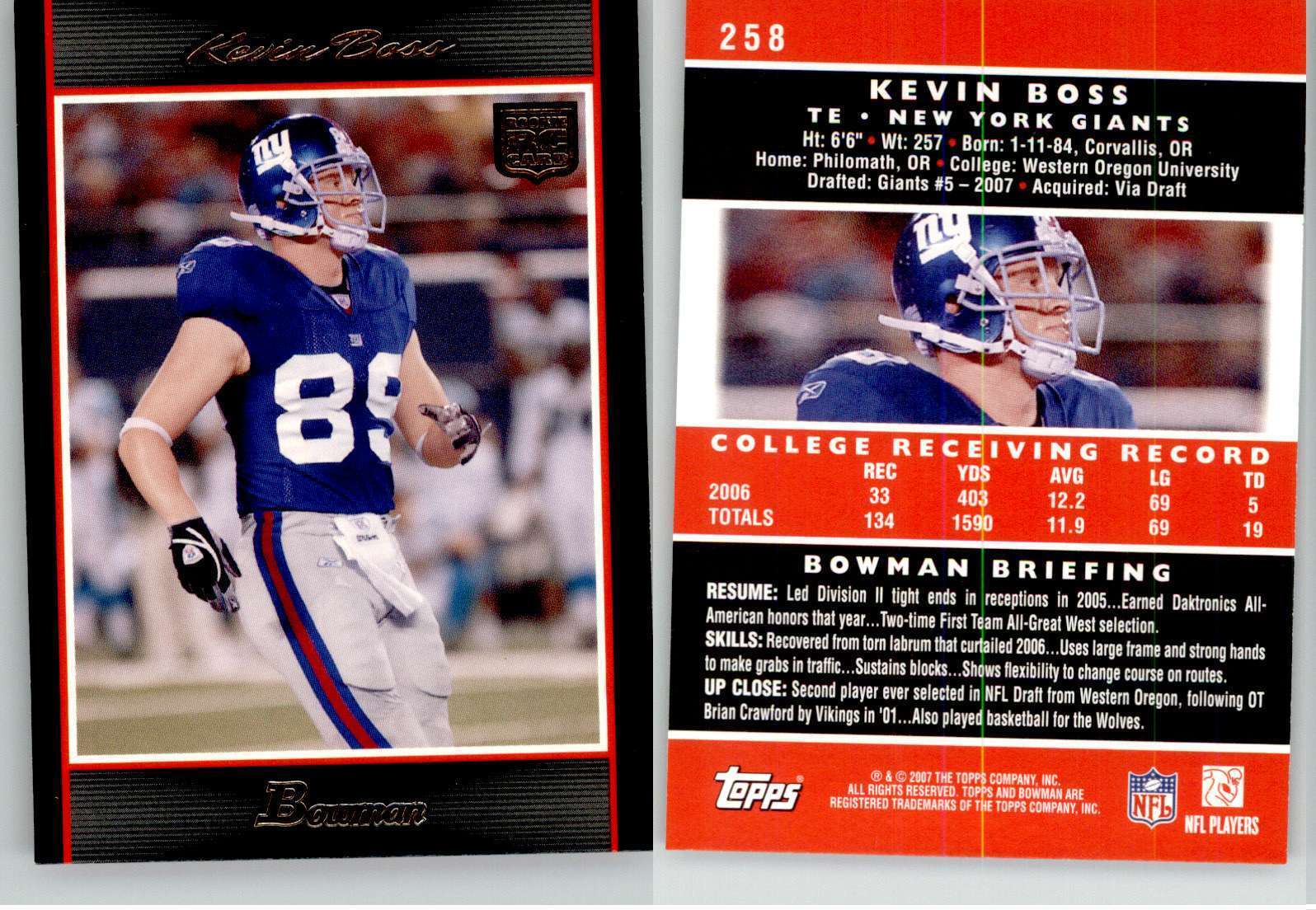 Kevin Boss 2007 Bowman #258 Western Oregon Giants RC Rookie | eBay