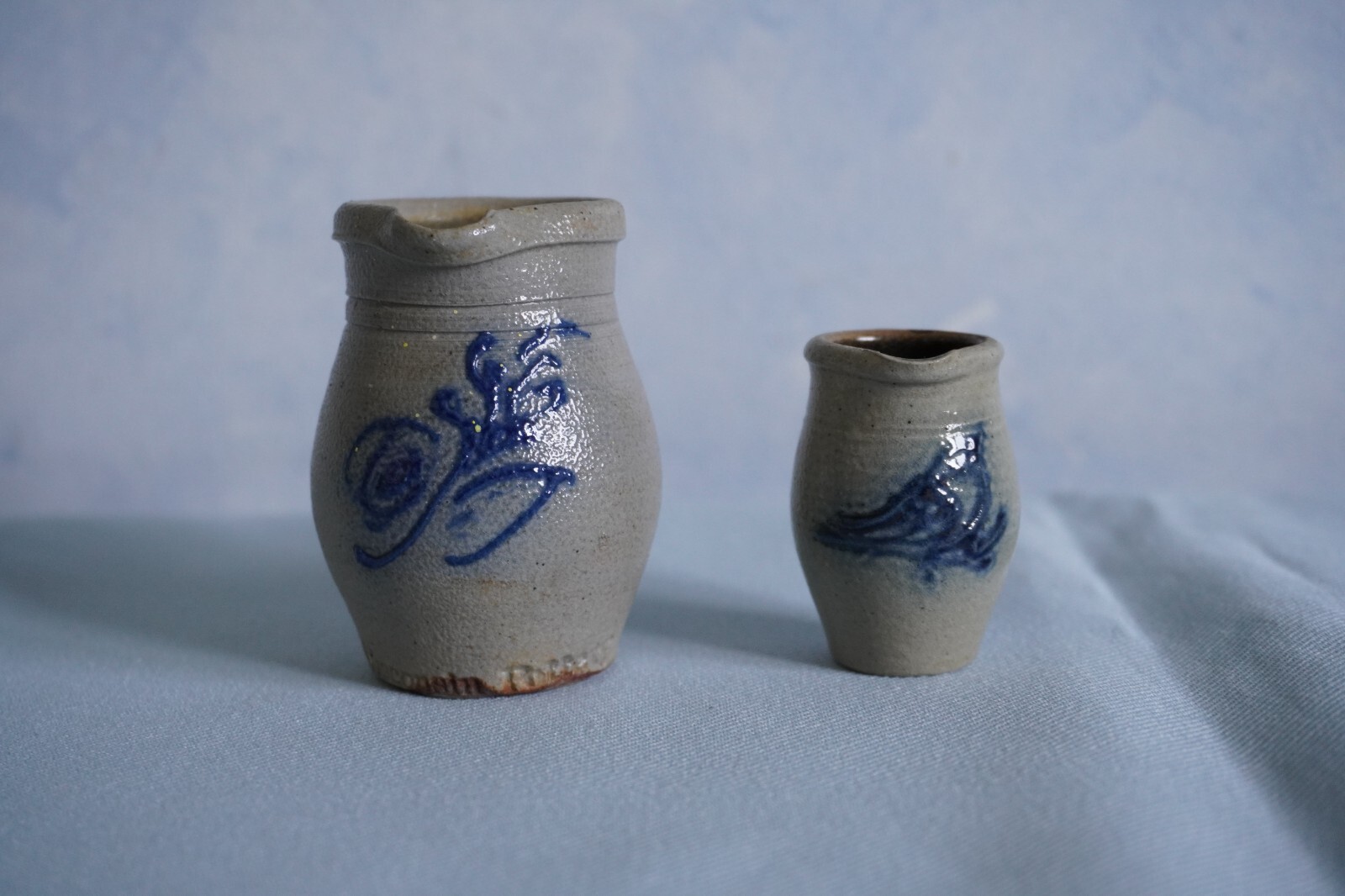 Wisconsin Pottery Columbus WI pair of salt glaze mini pitchers cobalt ...