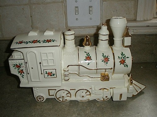 Holiday Ceramic Train Locomotive Gold Trim Poinsettias & Holly Leaves ...
