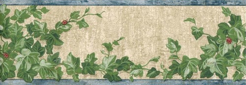 Green Ivy Leaf Vine Trail Ladybug Wallpaper Border on Beige Rustic ...
