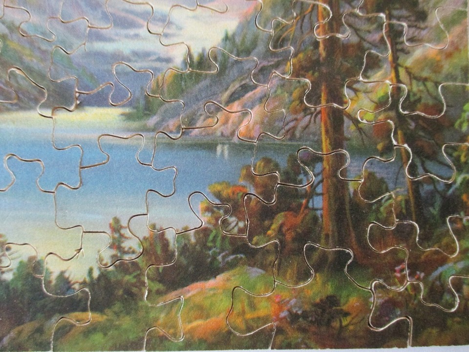 Vintage Wooden Puzzle Mountain Scene with Pine Trees Lake Almost ...