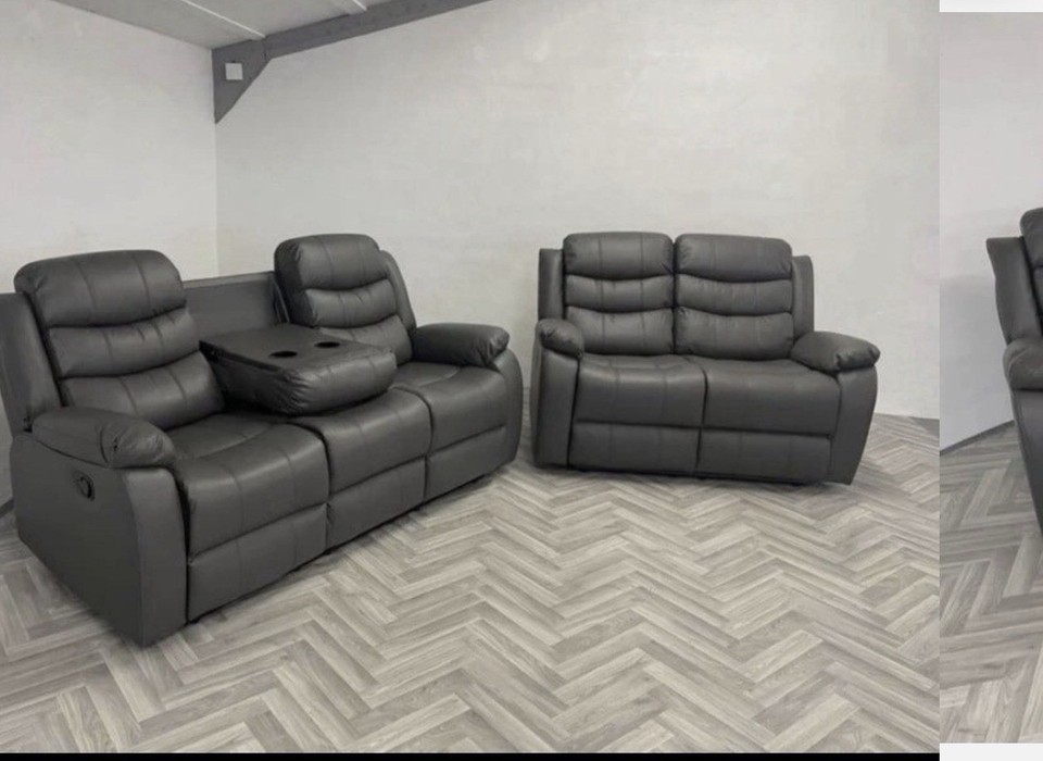 Roma | Grey | Leather Recliner Sofa 3+2 Seater With Cup Holders ...