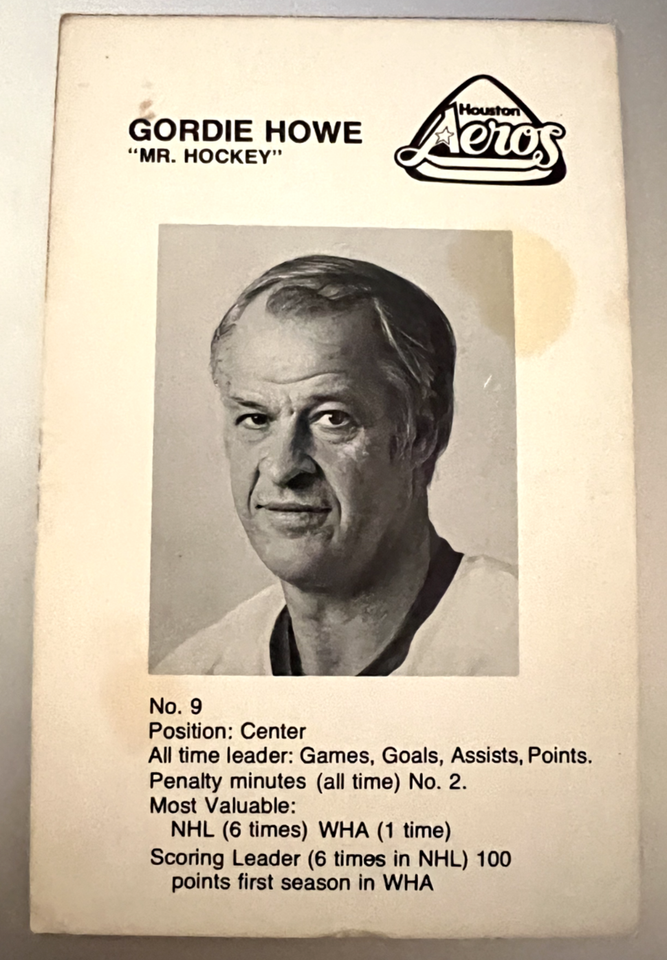 GORDIE HOWE AUTOGRAPHED NHL HOUSTON AEROS TEAM ISSUED POSTCARD NM-MNT ...