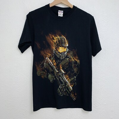 Halo Master Chief Fire Blaze Tee Black T-Shirt Big Print Short Sleeve ...