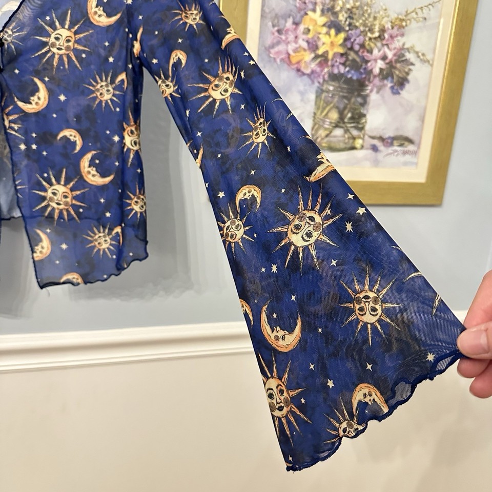 Cosmic Aura Blue Celestial Sun Moon Sheer Cardigan Bell Sleeve Medium ...