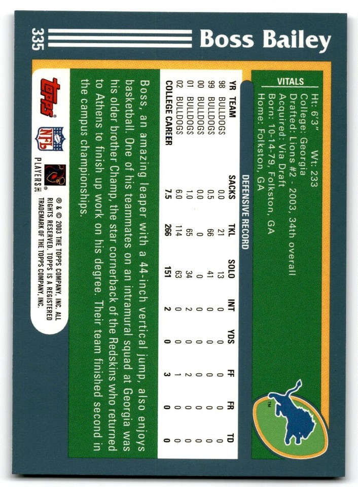2003 Topps Boss Bailey Rookie Detroit Lions #335 | eBay