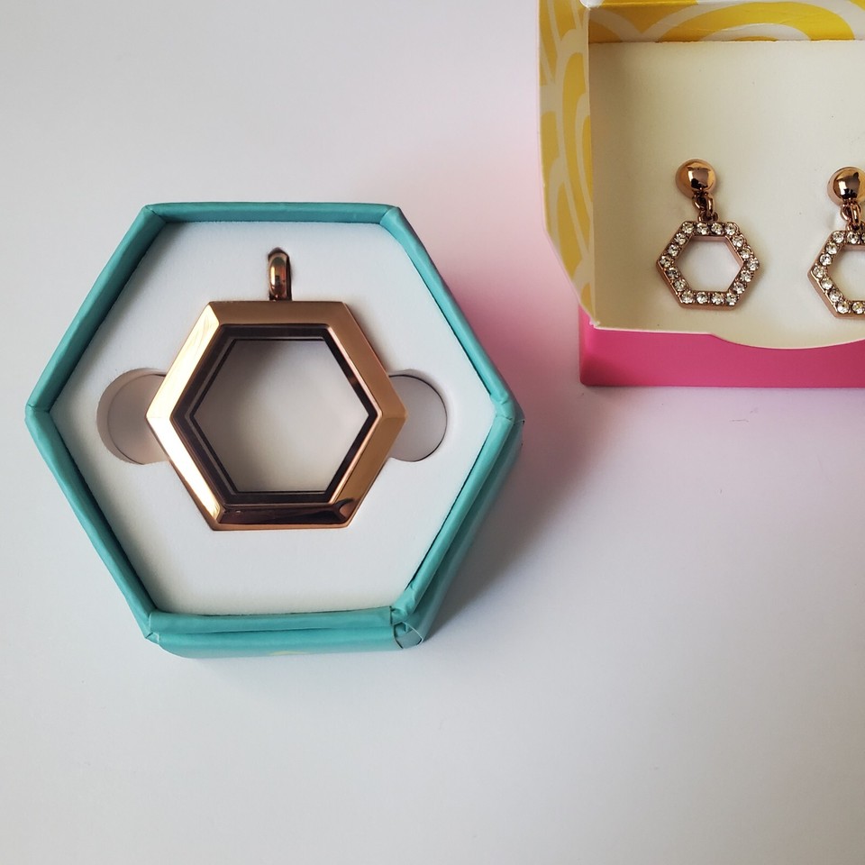Origami Owl Rose Gold Hexagon Locket Set w/ Chain & Hex Earings w ...