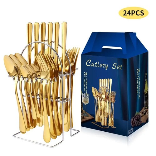 24pcs/Set Stainless Steel Cutlery Set with Holder & Gift Box Tableware ...