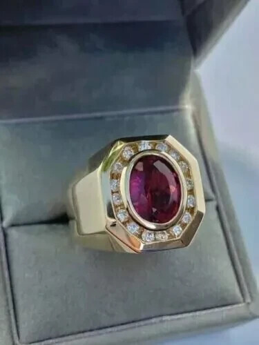 4Ct Oval CutLab Created Ruby & Diamond Men's Wedding Ring 14K Yellow ...