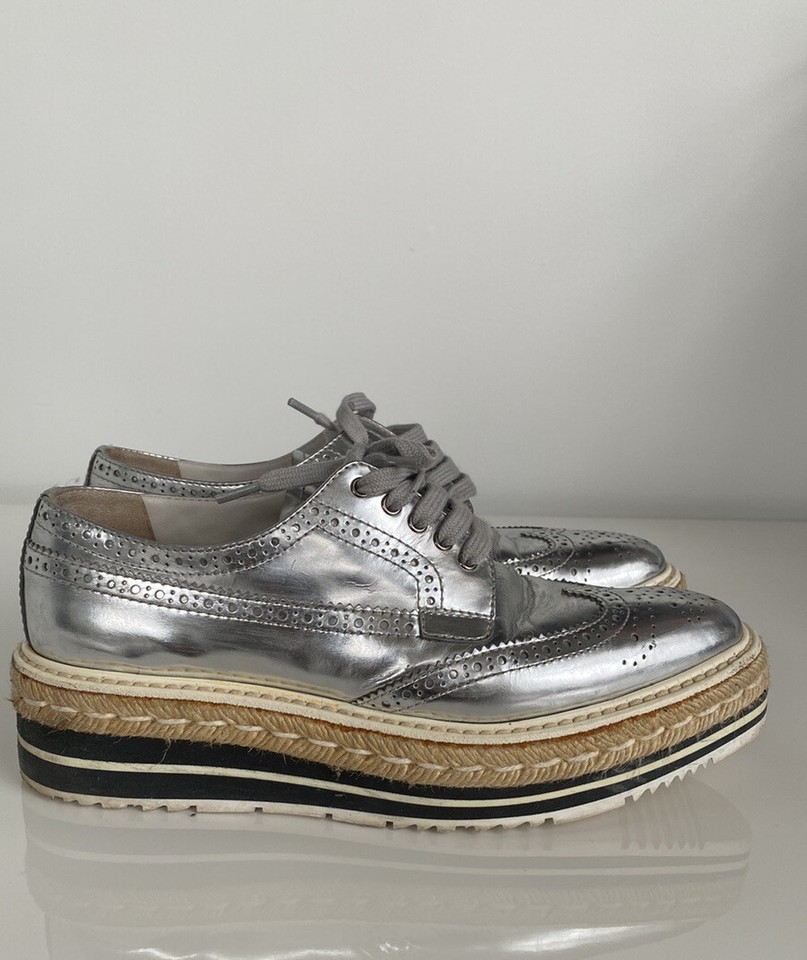 PRADA SS 2011 Silver Leather Brogues Derby Espadrille Creeper Sz 37/US ...