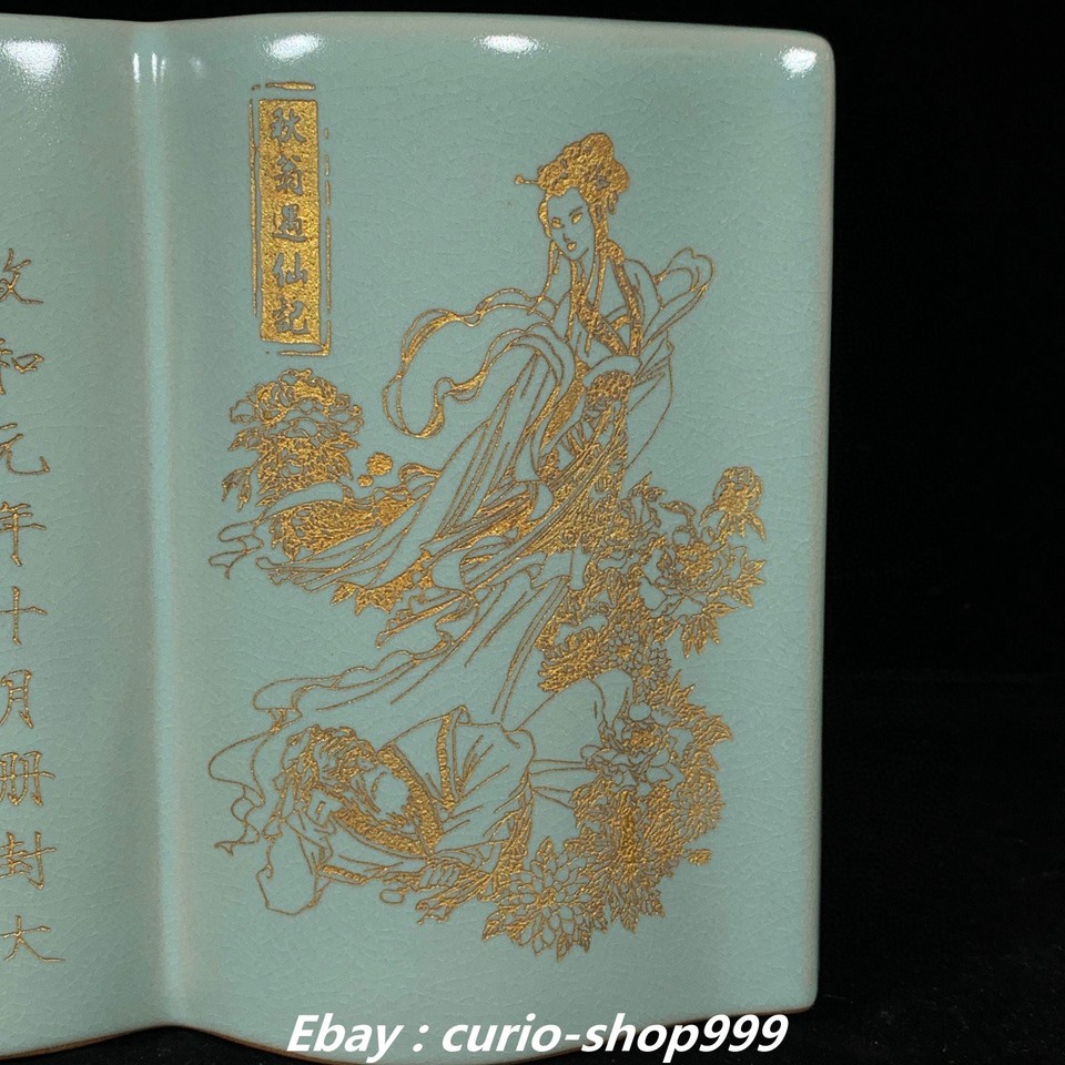 10.6" Song Dynasty Ru Kiln Porcelain Gilt beauty Woman Inscription Book ...