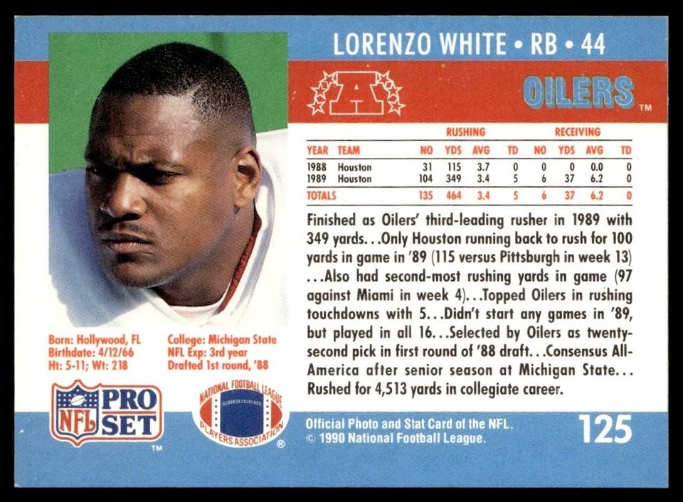 1990 Pro Set Lorenzo White Houston Oilers #125 | eBay