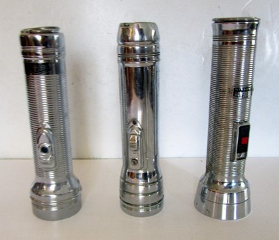 Set of 3, vintage "D" cell Chrome Flashlights: Bond, Eveready, Serv-a ...