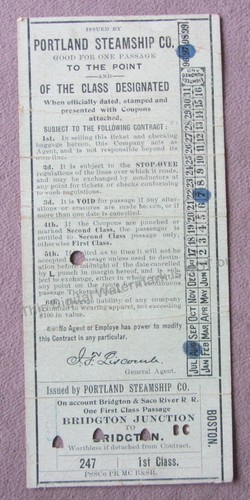 1897 Ticket Portland Steamship Co Bridgton ME PS Steamer Portland Sank ...