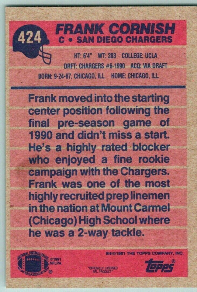 1991 TOPPS 😎 NFL Football Trading Card #424 - Frank Cornish, San Diego ...