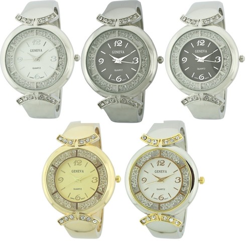 NEW-GENEVA POLISHED BRACELET,CUFF BANGLE+FLOATING BLINQ,CRYSTALS BEZEL ...