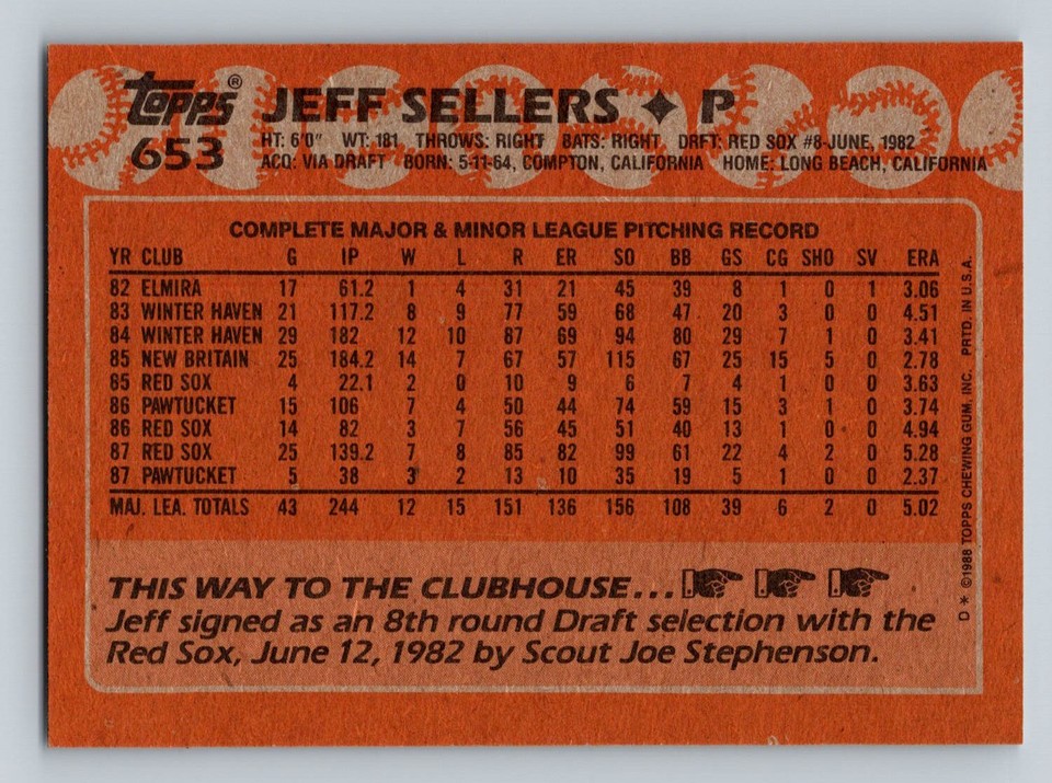 1988 Topps #653 Jeff Sellers Boston Red Sox - NM/MT | eBay
