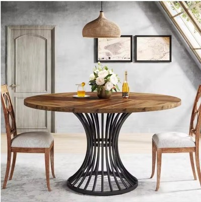 Round Dining Table 4-6 Seater Rustic Wood Kitchen Table With Metal Base ...
