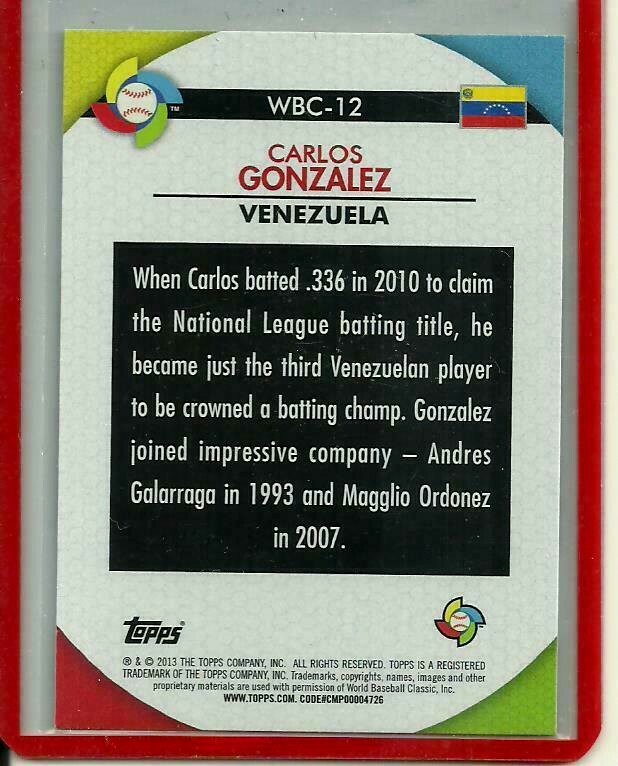 Venezuela 2013 Topps WBC-12 Carlos Gonzalez World Baseball Classic | eBay
