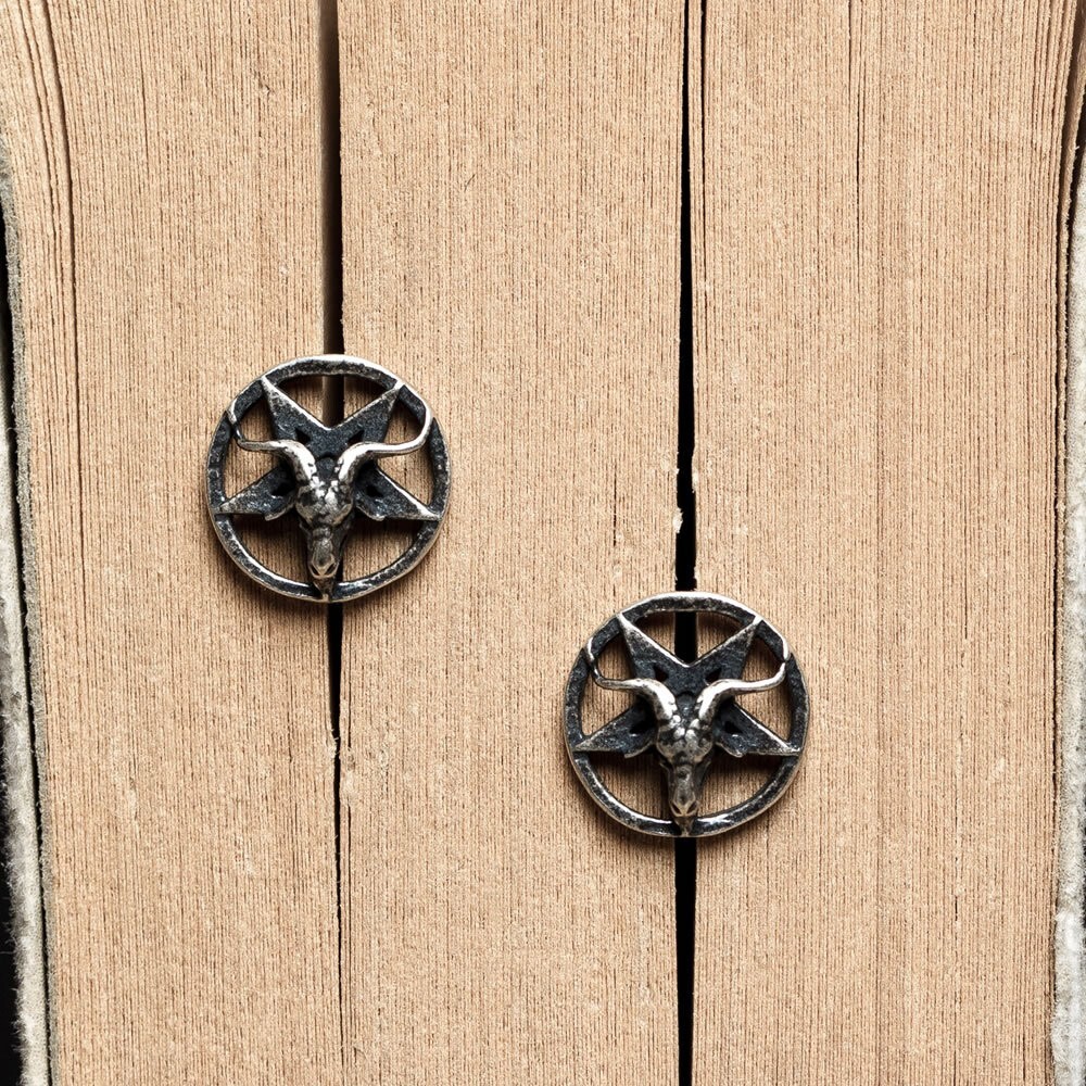 925 Sterling Silver Satan Goat Pentacle Ear Studs Earrings Punk Biker ...
