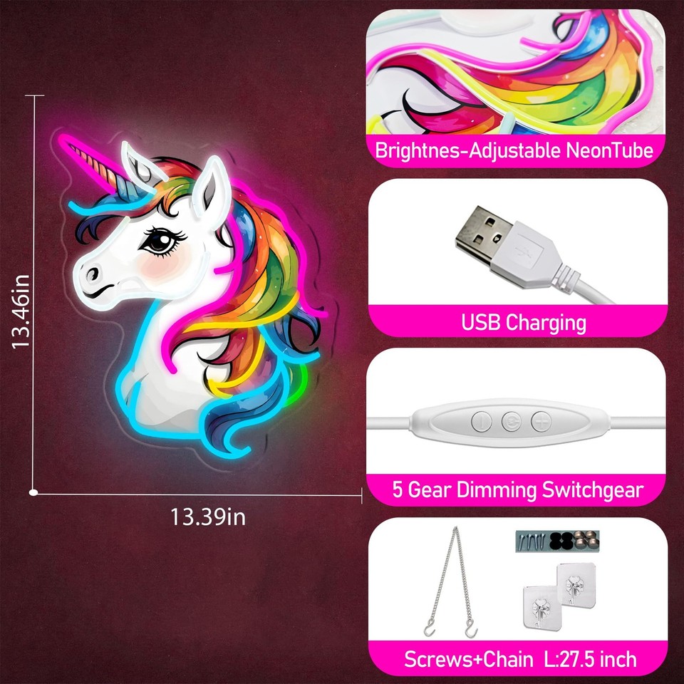 Unicorn Neon Sign, Beautiful Dimmable LED Light Up Pretty Unicorn Neon ...