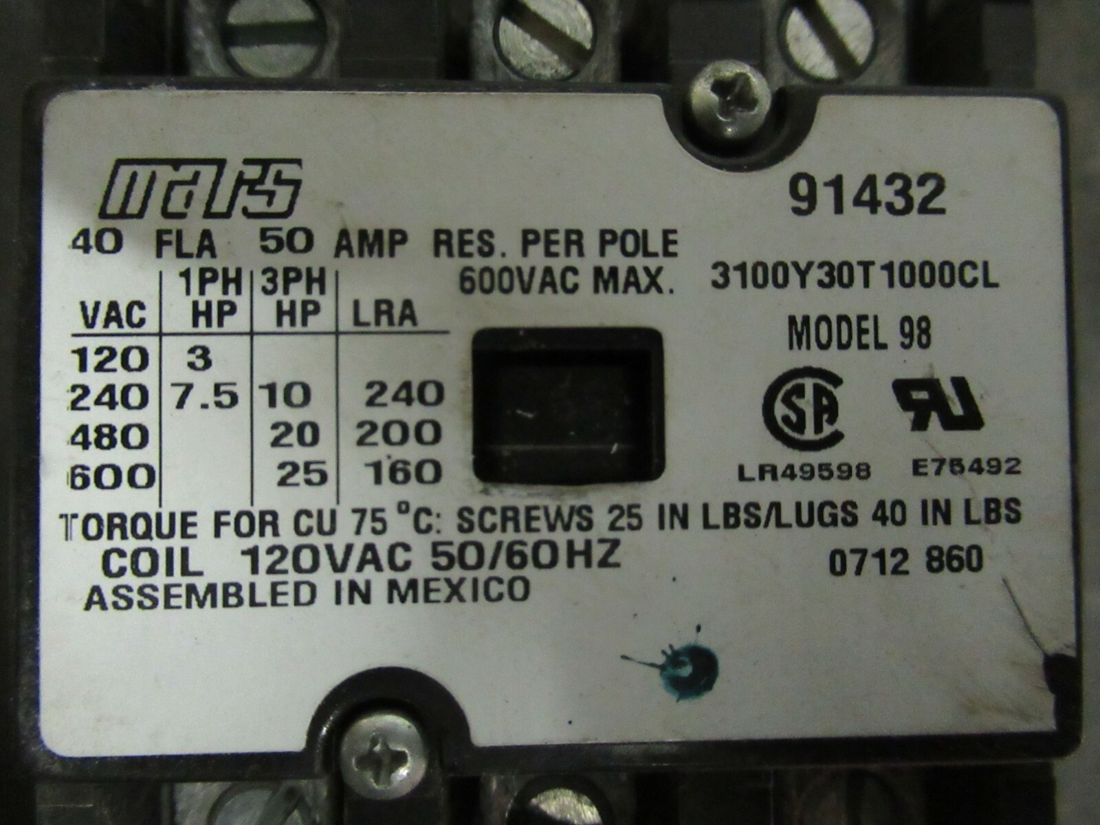 40 AMP MARS CONTACTOR 31400Y30T1000CL 91432 600 VAC 3 POLE 25 HP ...