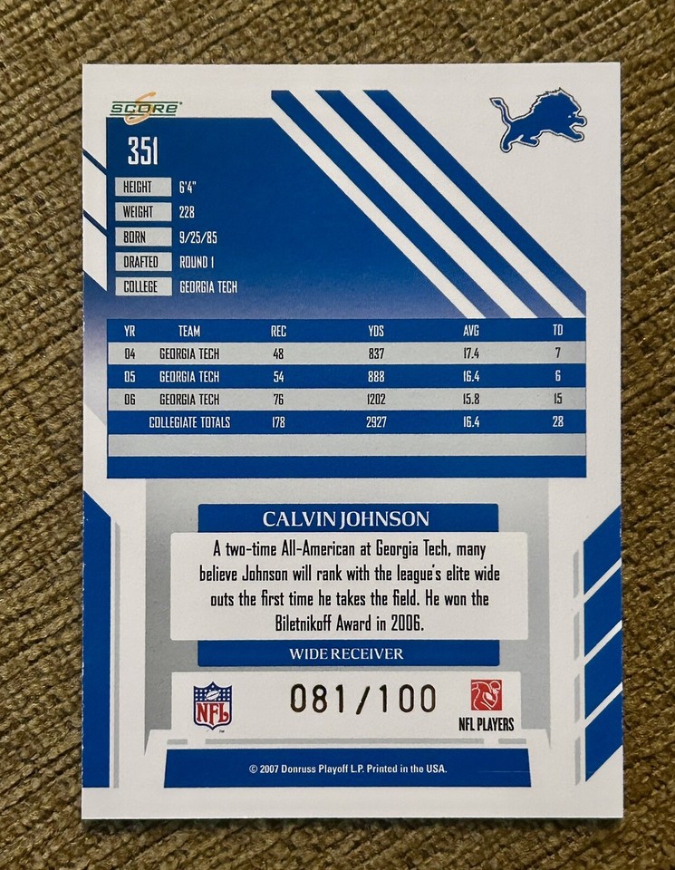 Calvin Johnson 2007 Donruss Score Select Scorecard 81/100 Rookie RC ...