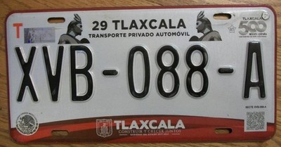 SINGLE MEXICO state of TLAXCALA LICENSE PLATE - XVB-088-A - AUTOMOVIL ...