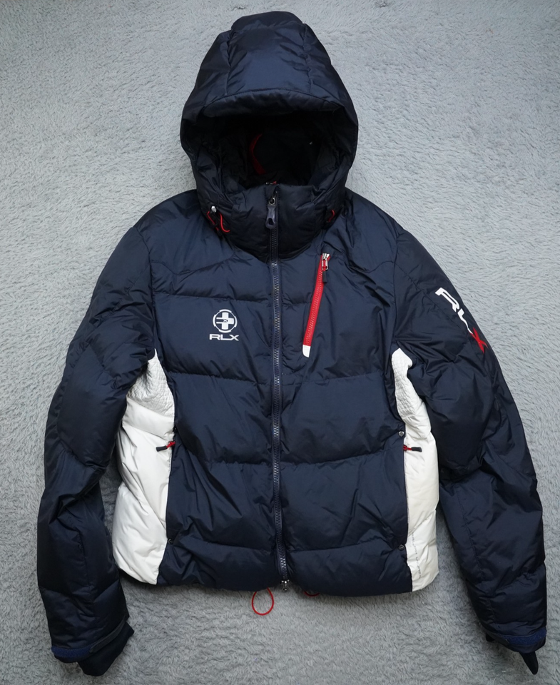 Ralph Lauren RLX Down Jacket Mens L Blue White Ski Puffer Coat Hooded ...
