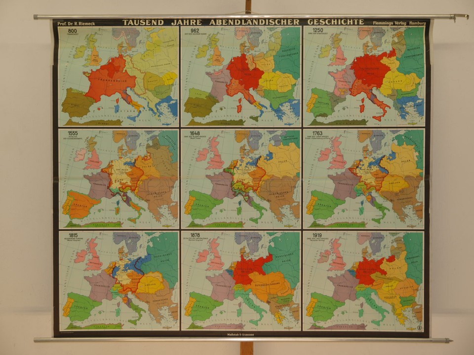 Europe Western States In The Year 800 - 1919 The Empire ~1955 Wall Map ...