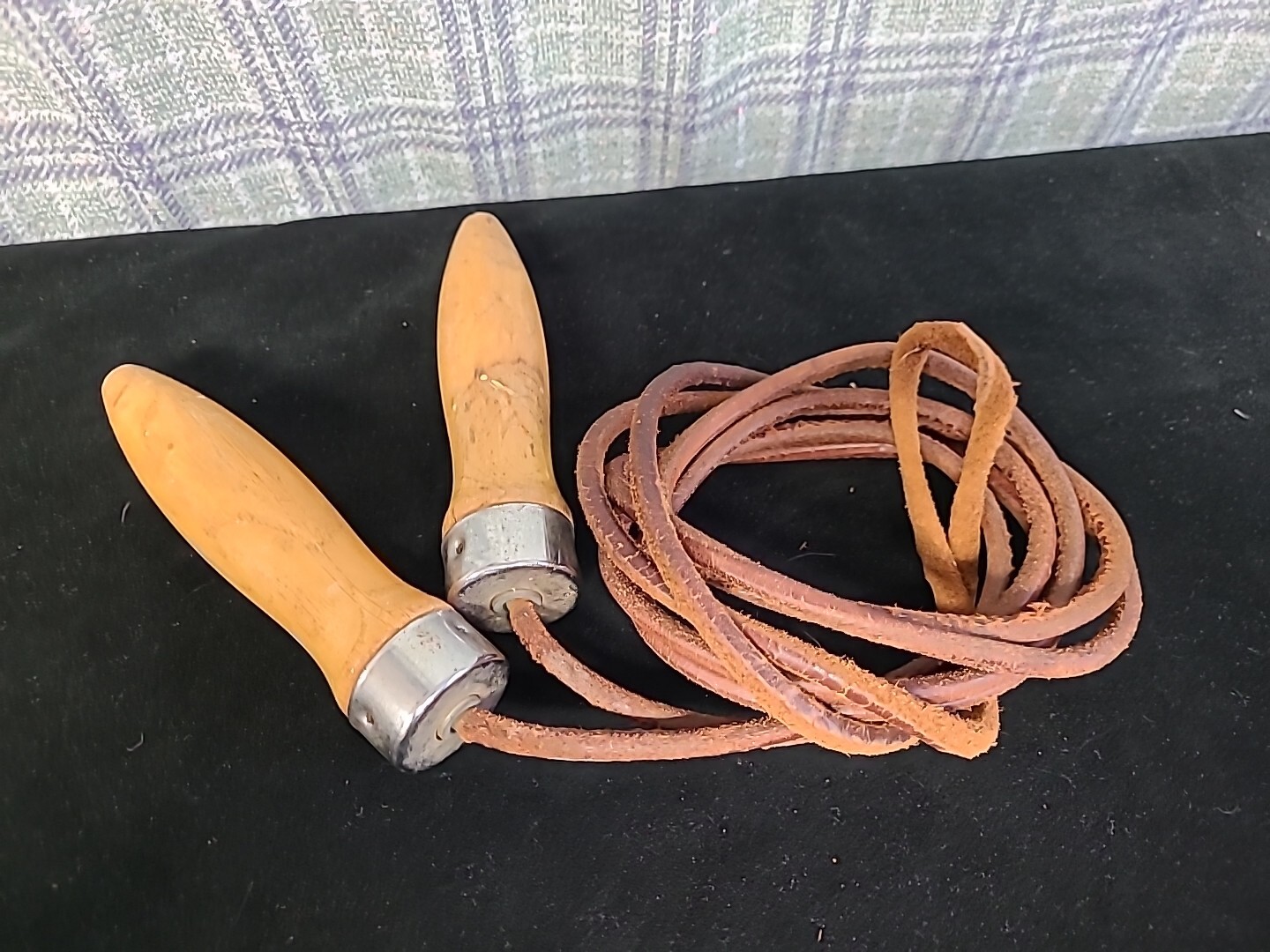 Leather Jump Rope Wood Handle~made in USA~ 9ft long. Bearings. Vintage ...