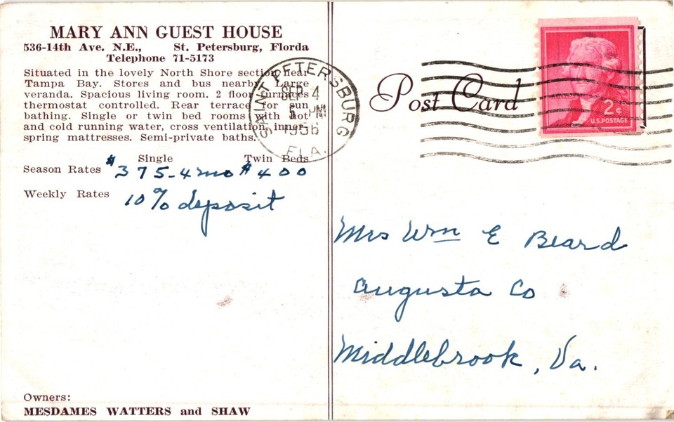 Mary Ann Guest House Advertisement St. Petersburg Florida Postcard ...