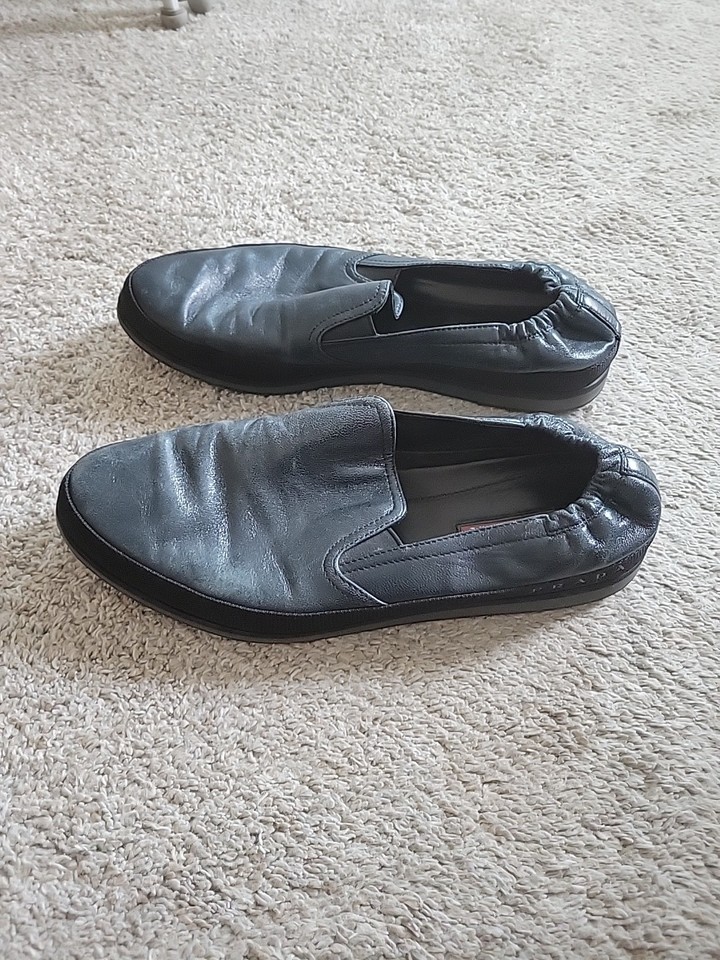 Prada Linea Rossa Red Label Black Leather Shuffle Loafers Mens Shoes 4D ...