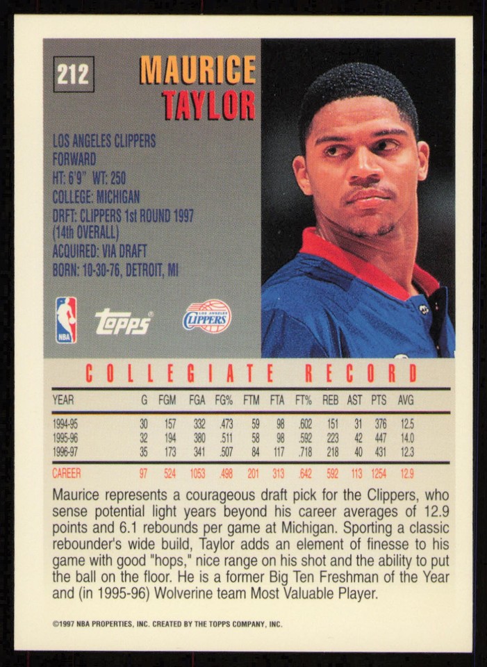 1997-98 Topps #212 Maurice Taylor Rookie Los Angeles Clippers RC | eBay