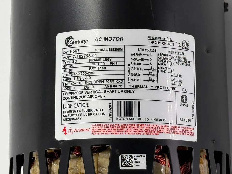 New CENTURY 7-182753-01 AC Motor H567 3/4HP, 3-Phase, 1140RPM | eBay