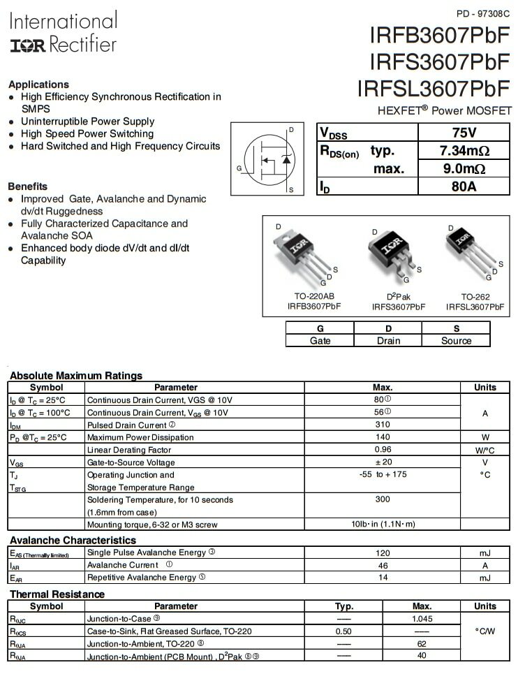 5PCS IRFB3607PBF IRFB3607 Mosfet N-Channel 75V 80A TO-220 Transistor ...