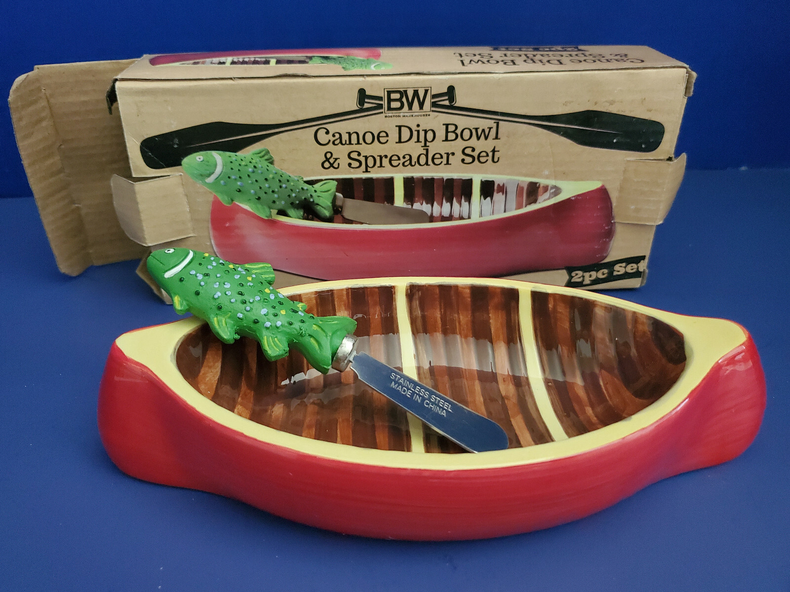 Lot of 3 Boston Warehouse Canoe Dip Bowl And Spreader Set In Box Holds ...